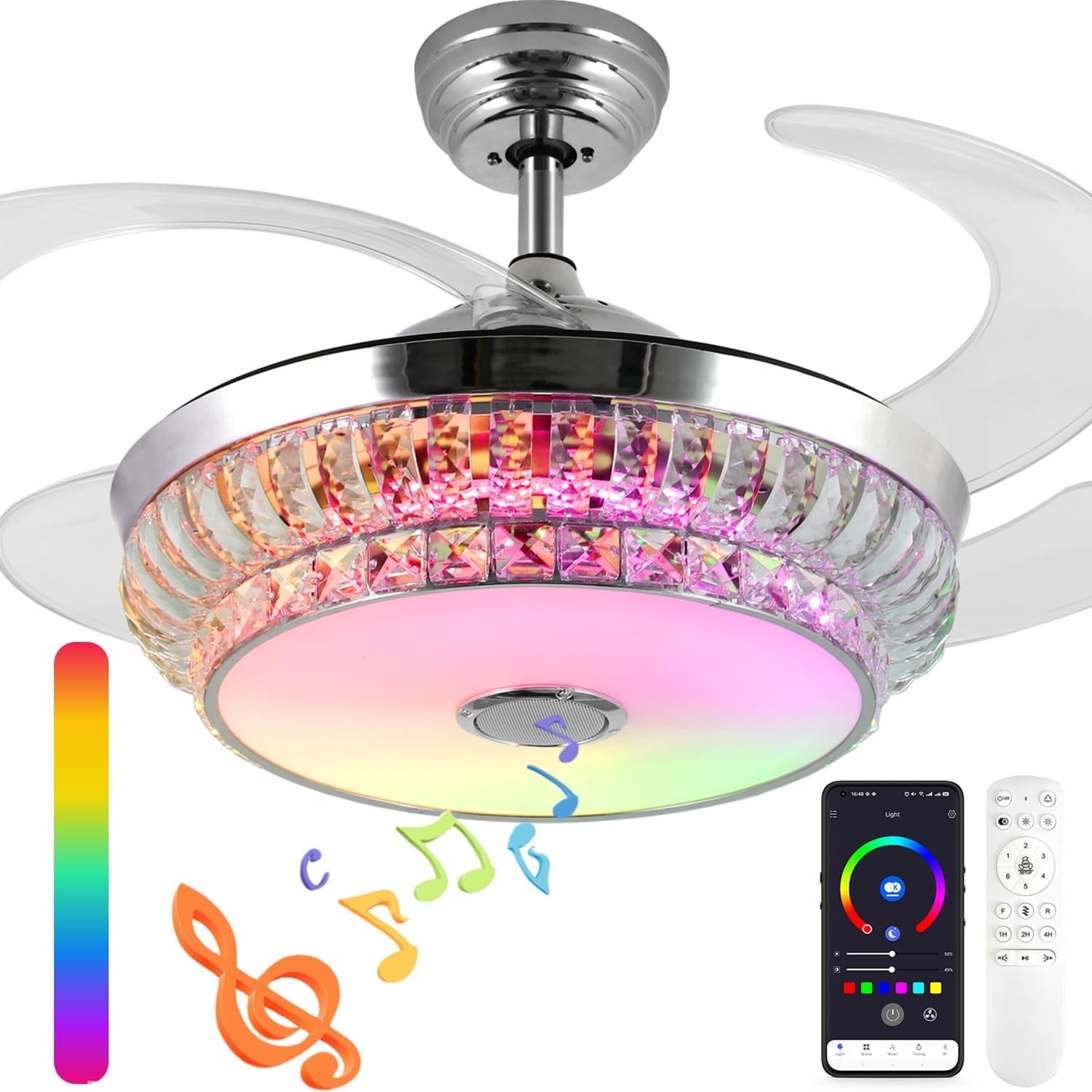 Retractable Crystal Ceiling Fan with Light and Remote/APP Control ...