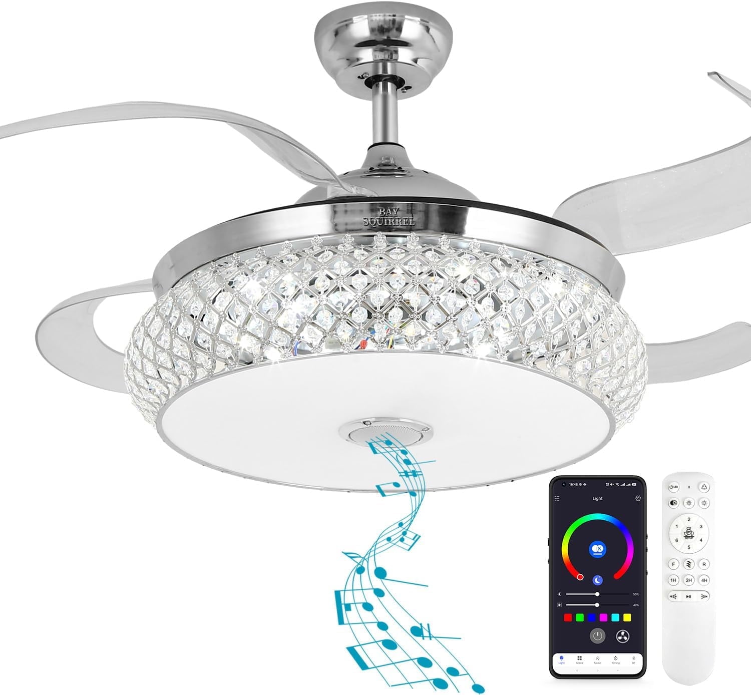 BAYSQUIRREL Retractable Crystal Ceiling Fan with Light and Remote/APP ...