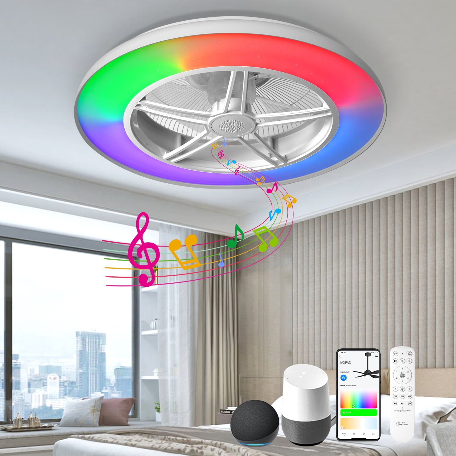 BAYSQUIRREL Wifi Low Profile Ceiling Fan with Light,Bluetooth Speaker ...