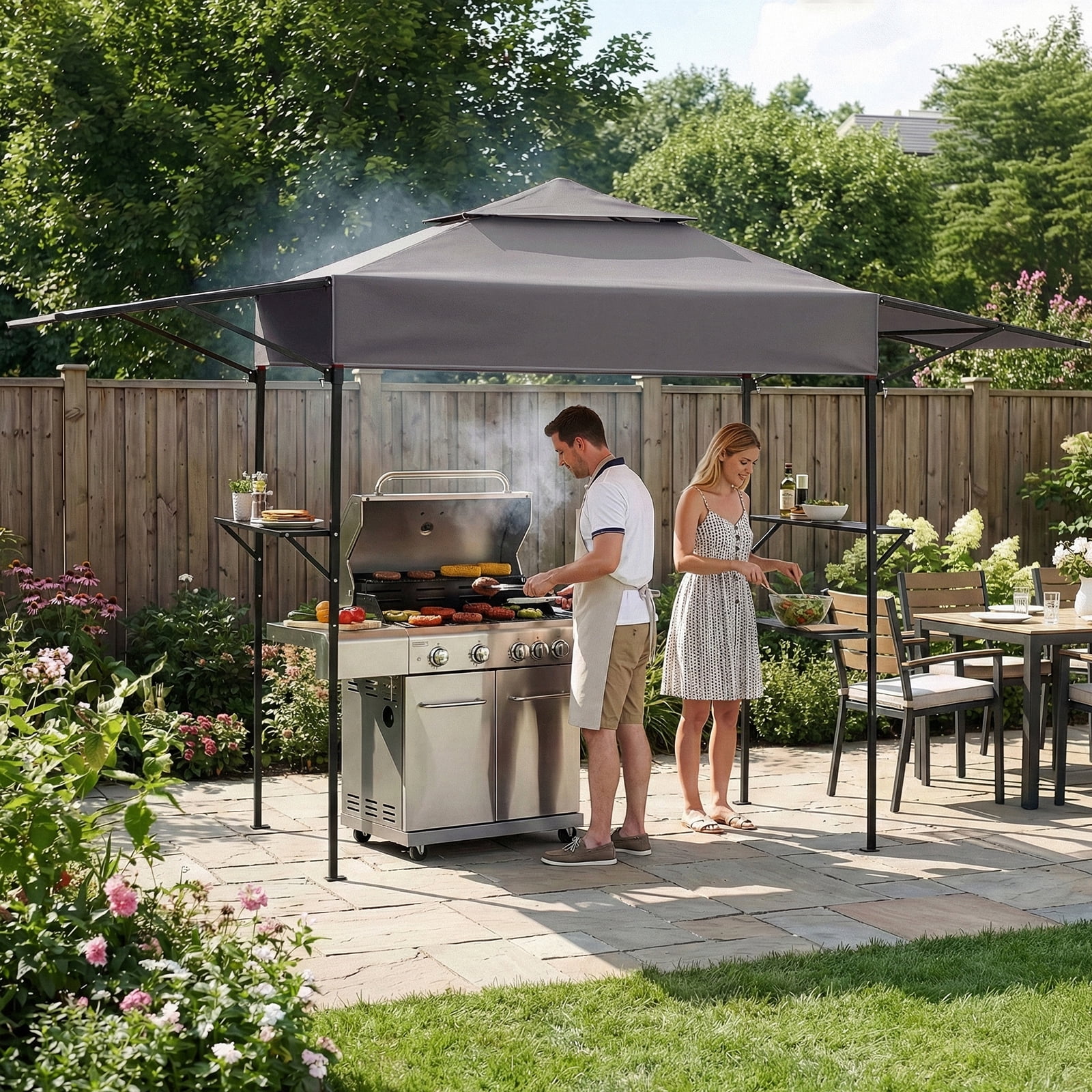 BAYUELSWU 3.3 x 12.5 FT Grill Gazebo Canopy, Double Tier Outdoor Pop-up ...
