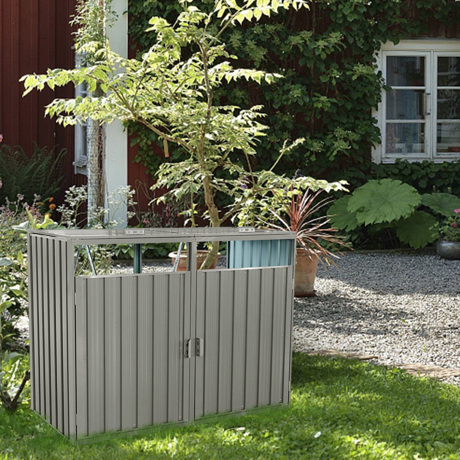 BAYUELSWU 63" Garbage Bin Shed Stores 2 Trash Cans Metal Outdoor Bin ...