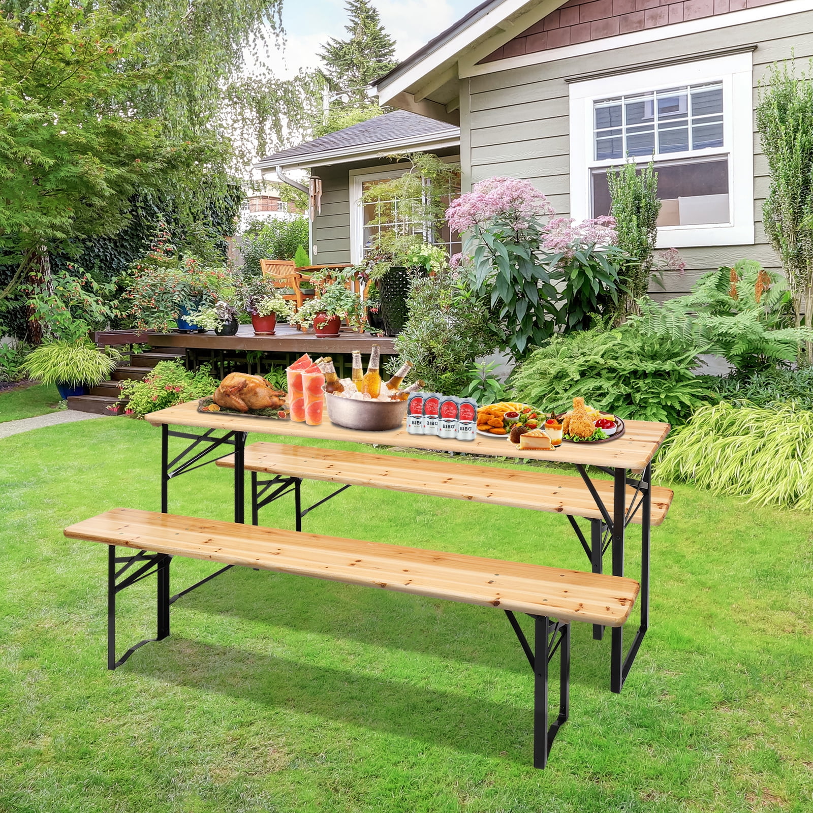 BAYUELSWU Folding Picnic Table with 2 Benches, 3-Piece Portable Fold Up ...