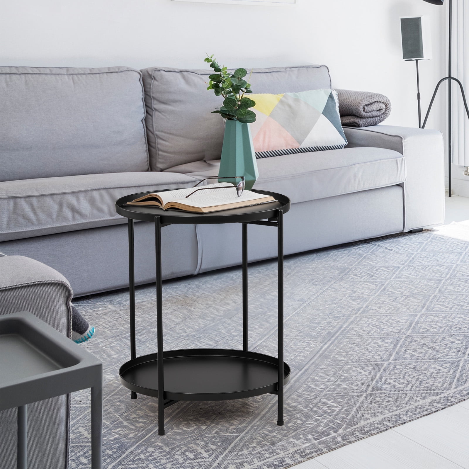 BAYUELSWU Metal Tray End Table, 2-Tier Round Small Coffee Side Table ...