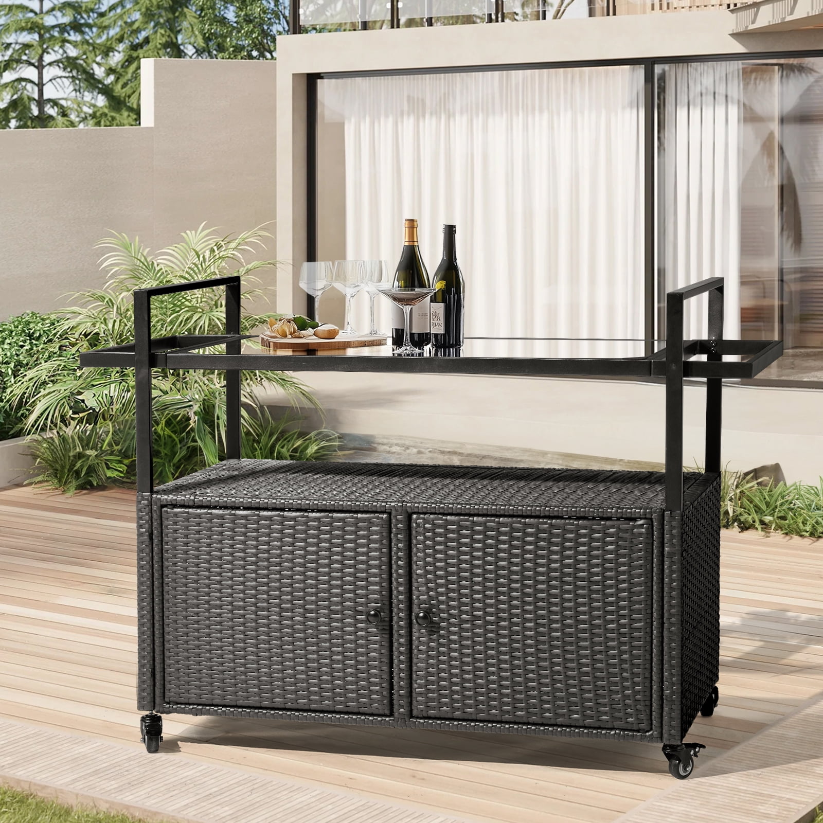 BAYUELSWU Outdoor Bar Cart with Storage Cabinet, Patio Wicker Bar Table ...