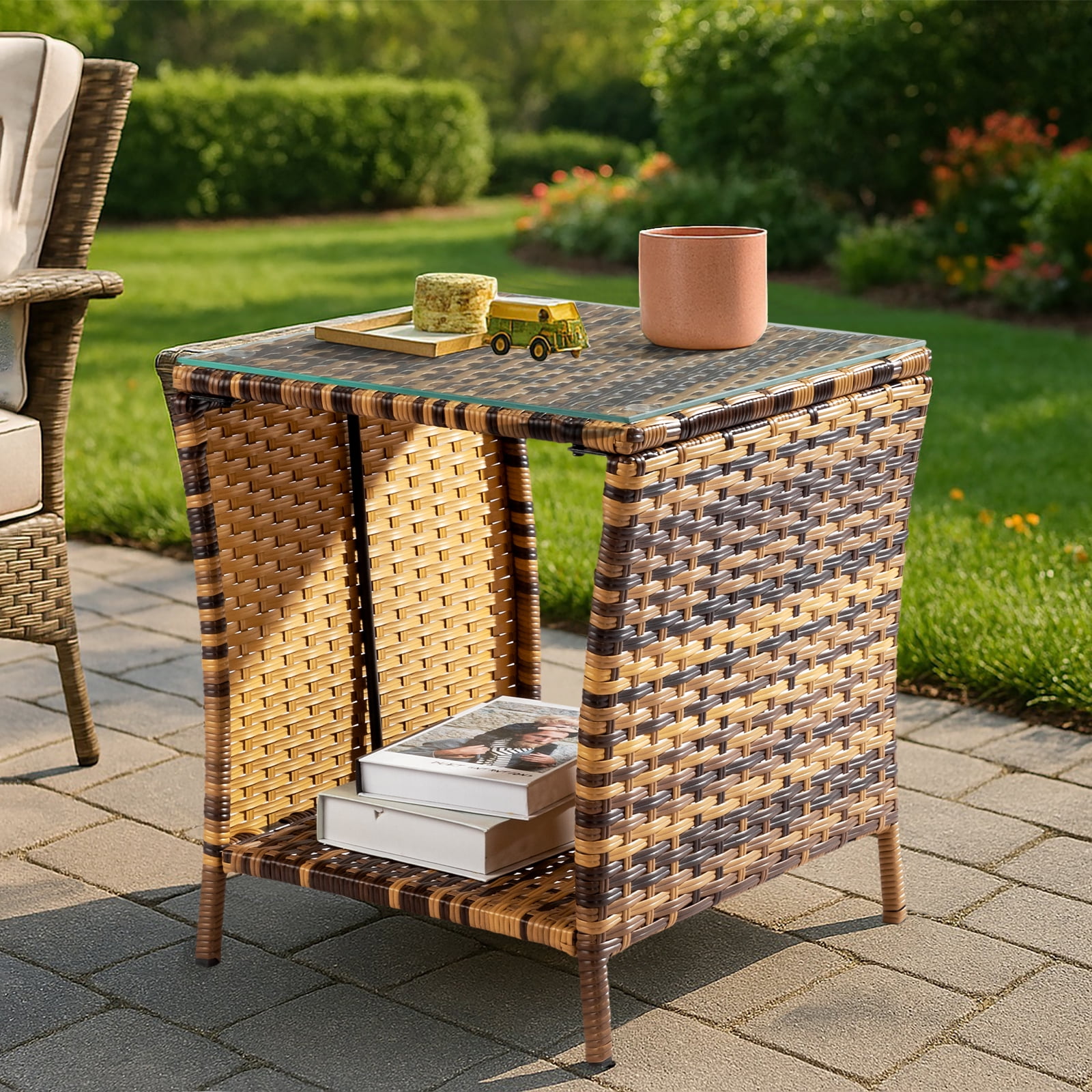 BAYUELSWU Outdoor Patio Wicker Side Table 2 -Tier Square PE Rattan Side ...