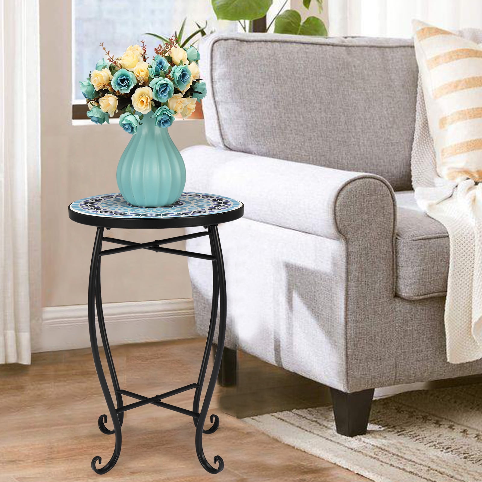 BAYUELSWU Outdoor Side Table Mosaic Round Tile Top Indoor and Outdoor ...