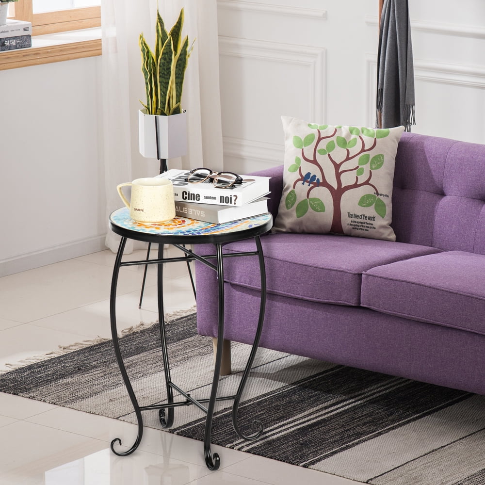 BAYUELSWU Outdoor Side Table Mosaic Round Tile Top Indoor and Outdoor ...