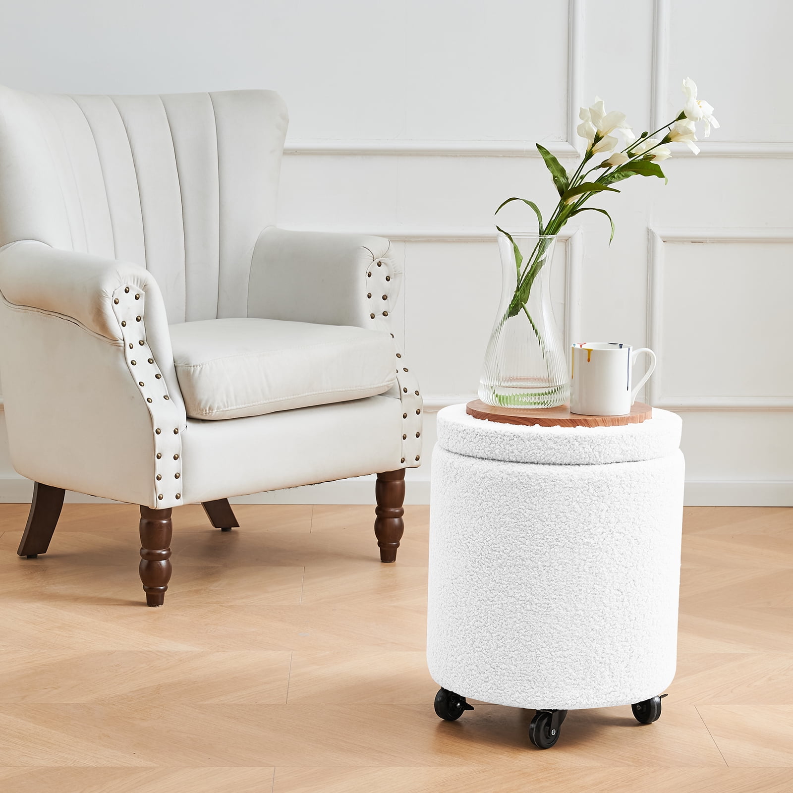 BAYUELSWU Storage Ottoman Foot Rest Round Footstool Teddy Velvet ...