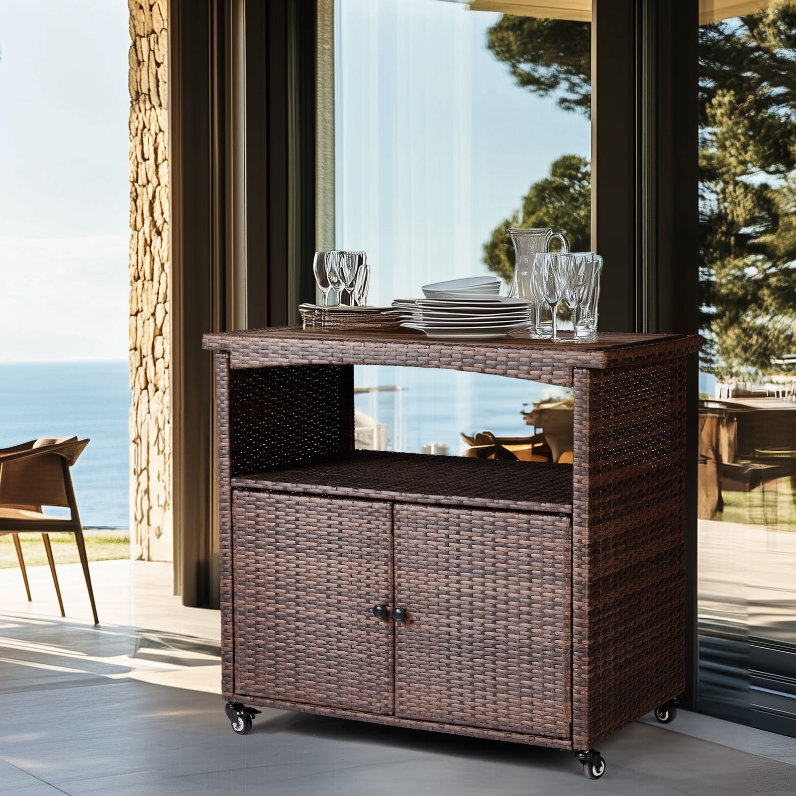 BAYUELSWU Wicker Outdoor Storage Cabinet, Wicker Outdoor Bar Cart with ...