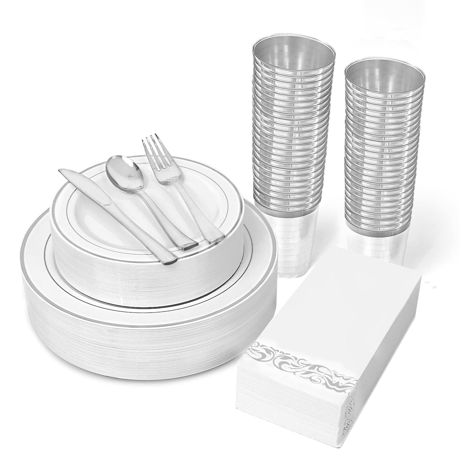 BAYZZ 350 Pieces Silver TSF6 Dinnerware Set,100 Silver Plastic Plates ...