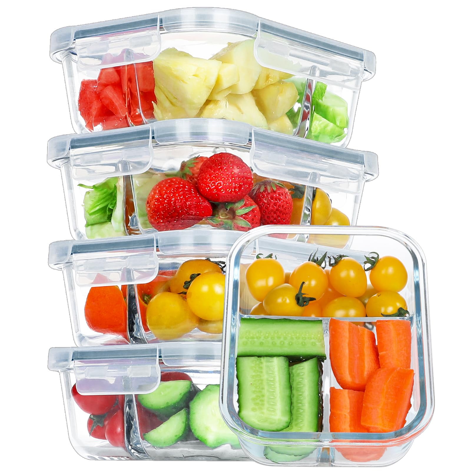 BAYZZ 5 Pack 35 Oz Glass Meal Prep Containers 3 Compartments, Glass ...