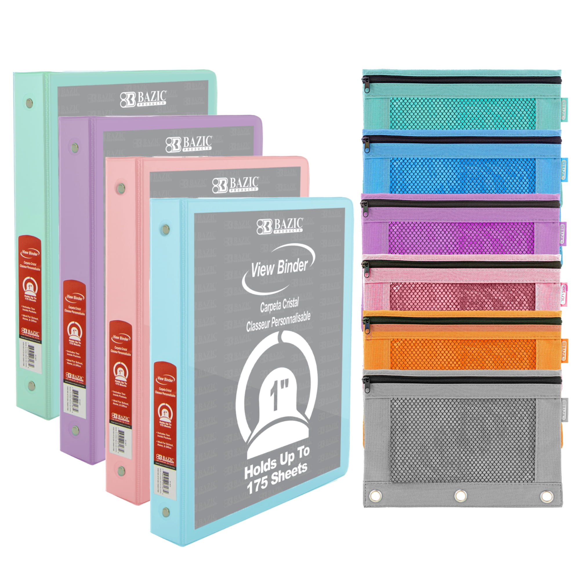 BAZIC 1" Ring Binder & Pencil Pouch Set, 4 Pastel Color 3 Ring View ...