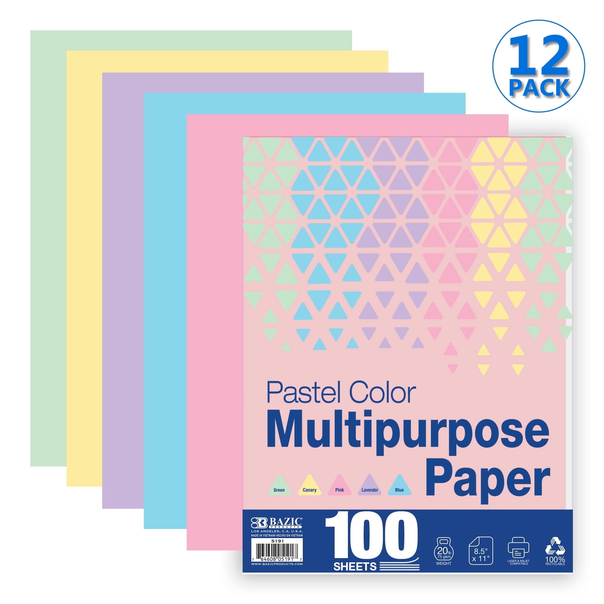 BAZIC 100 Sheets Pastel Color Multipurpose Paper 8.5