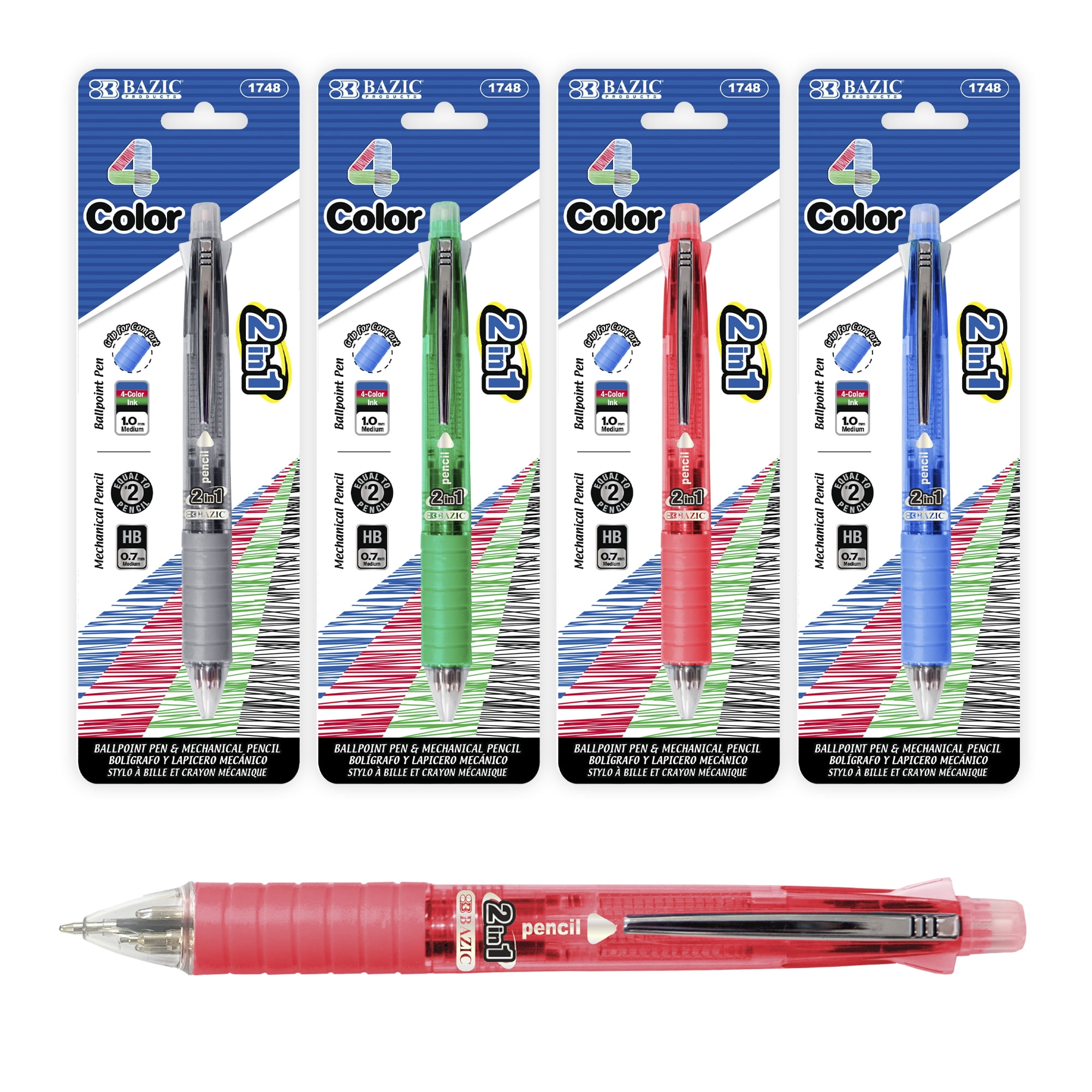 BAZIC 2-In-1 Mechanical Pencil 4-Color Ballpoint Pen w/ Soft Grip, 4 ...