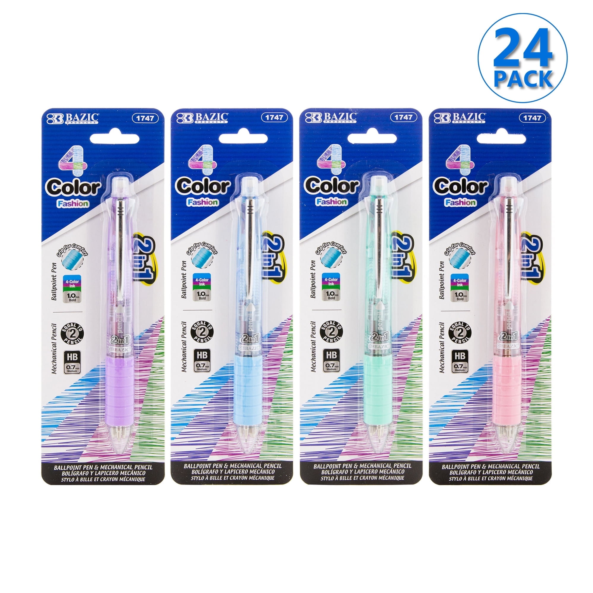 BAZIC 2-In-1 Mechanical Pencil & 4-Fashion Color Pen with Grip, 1.0 mm ...