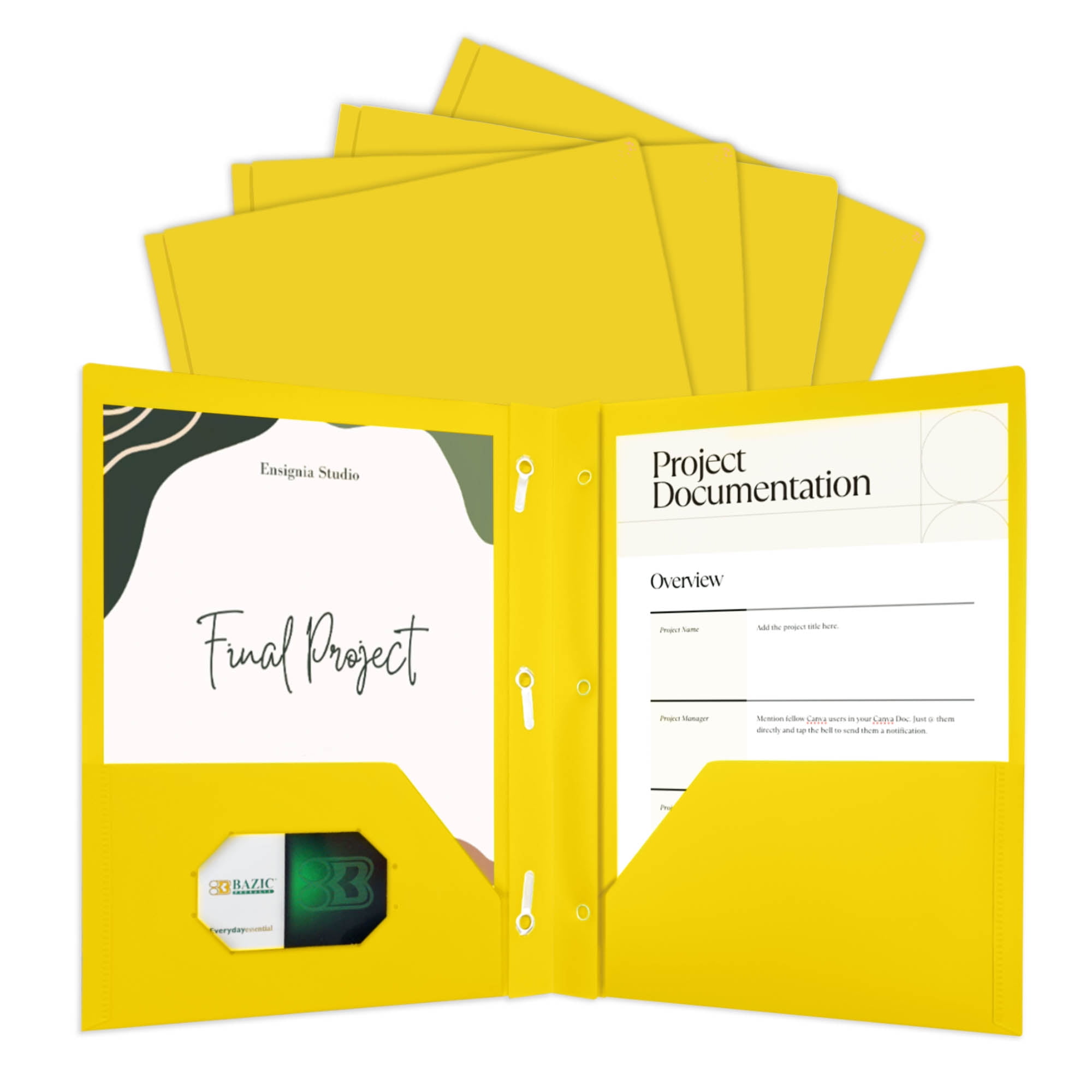 BAZIC 2 Pockets Poly Folder, 3 Prong Fastener Clip, Yellow Color, 5 ...