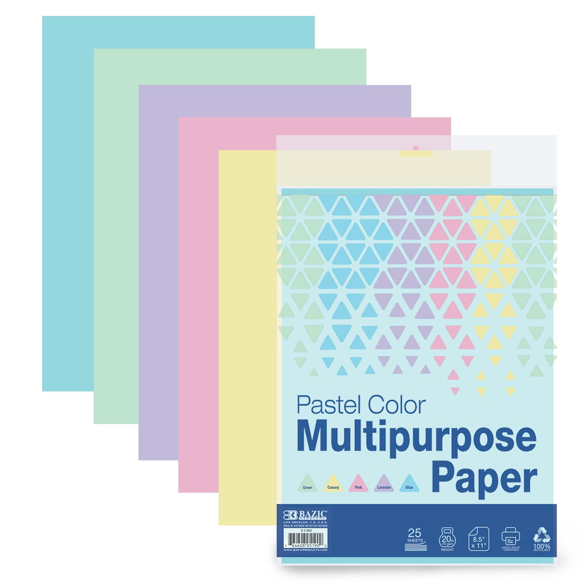BAZIC 25 Sheets Pastel Color Multipurpose Paper 8.5"x11", Colored Copy ...
