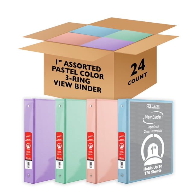 "BAZIC 3 Ring Binder 1"" Economy View Binders, Pastel Colored, 175 ...
