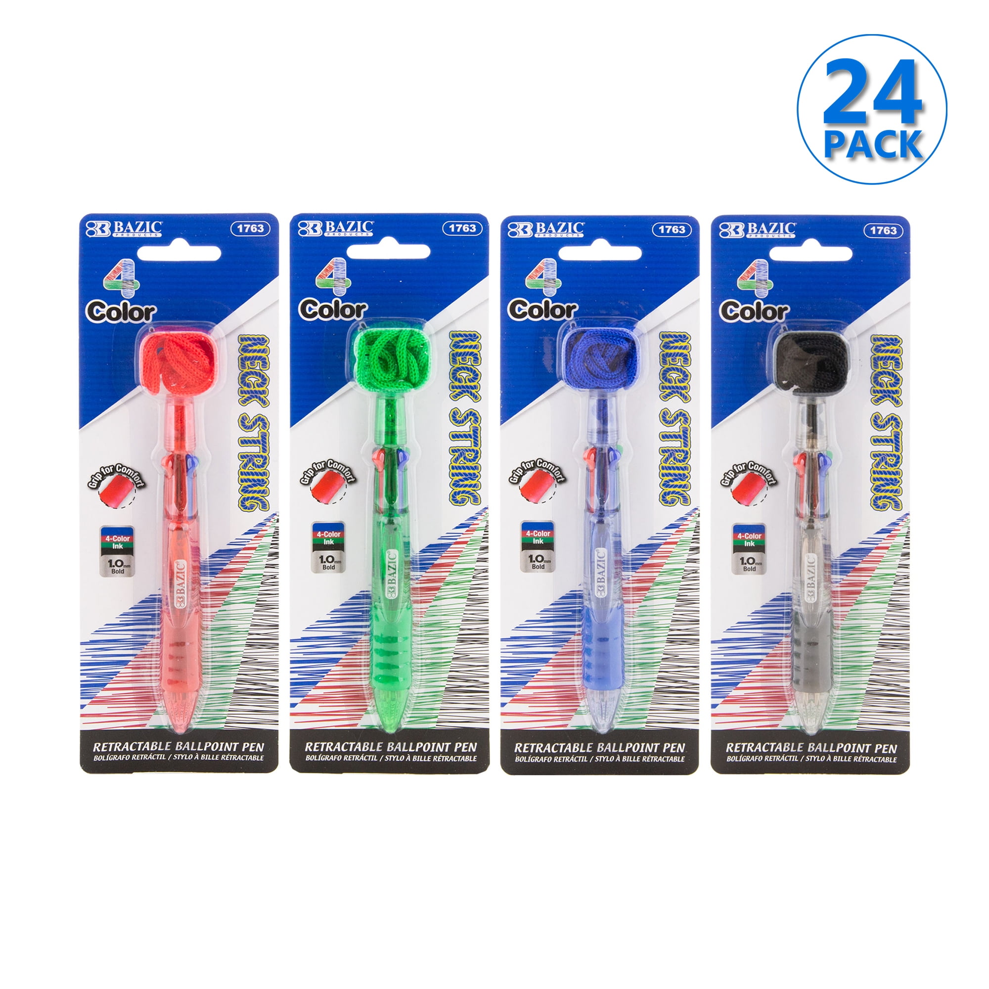 BAZIC 4-Color Ballpoint Neck Pen w/ Soft Grip, 1.0 mm, (1/Pack), 24 ...
