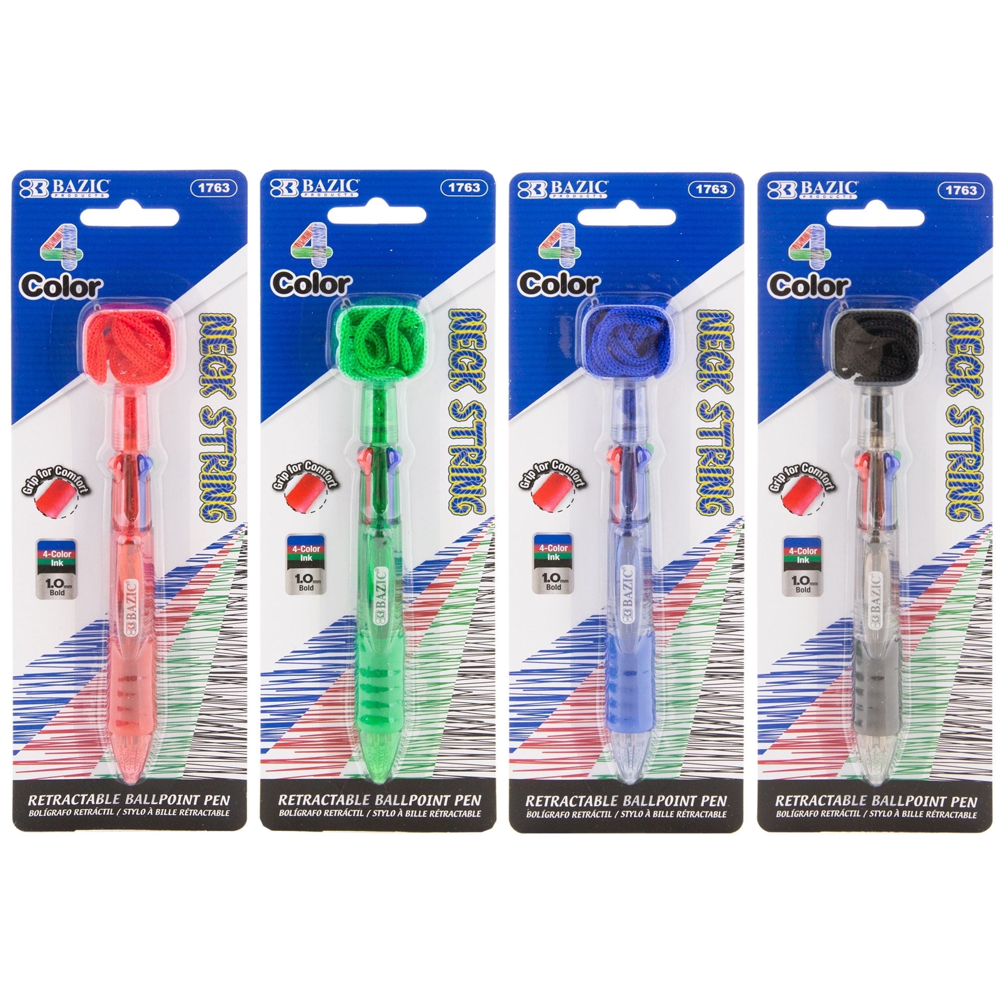 BAZIC 4-Color Ballpoint Neck Pen w/ Soft Grip, 1.0 mm, (1/Pack), 4-Pack ...