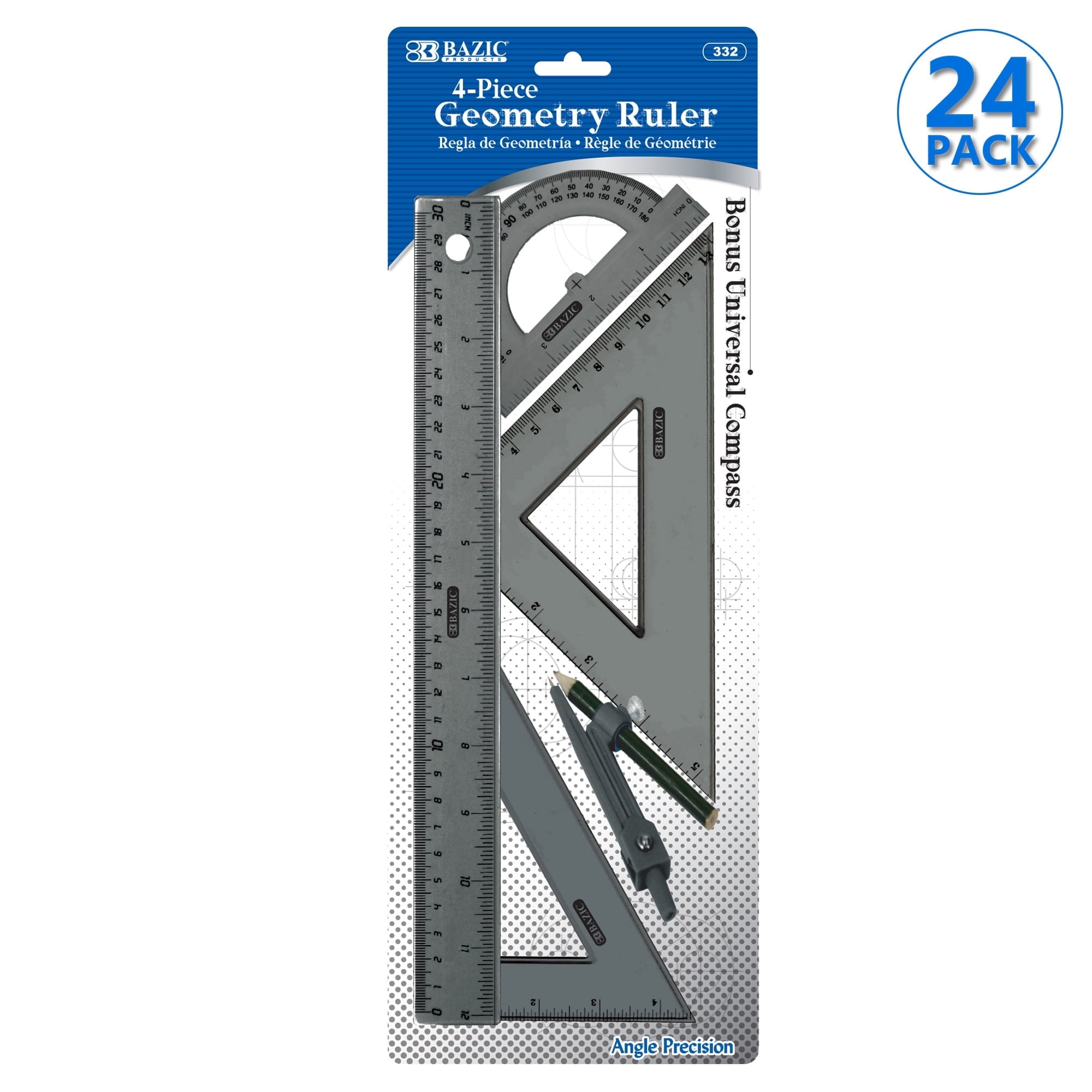 BAZIC 5-Piece Math Geometry Ruler Set with Compass, 24-Pack, Student ...
