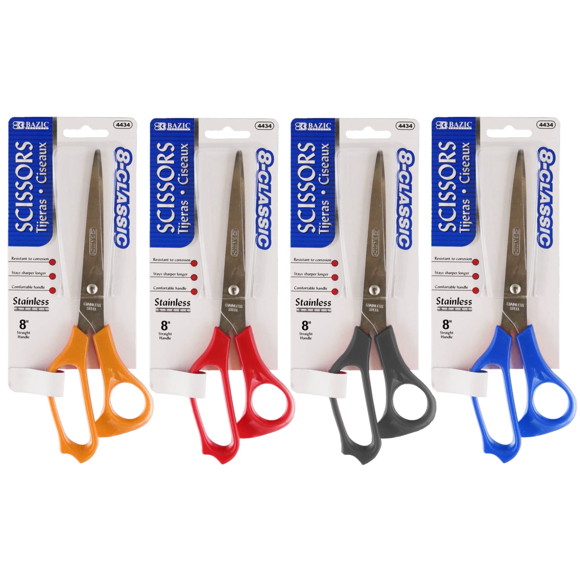 BAZIC 8" Stainless Steel Scissors, Straight Handle, Assorted Color, 4 ...