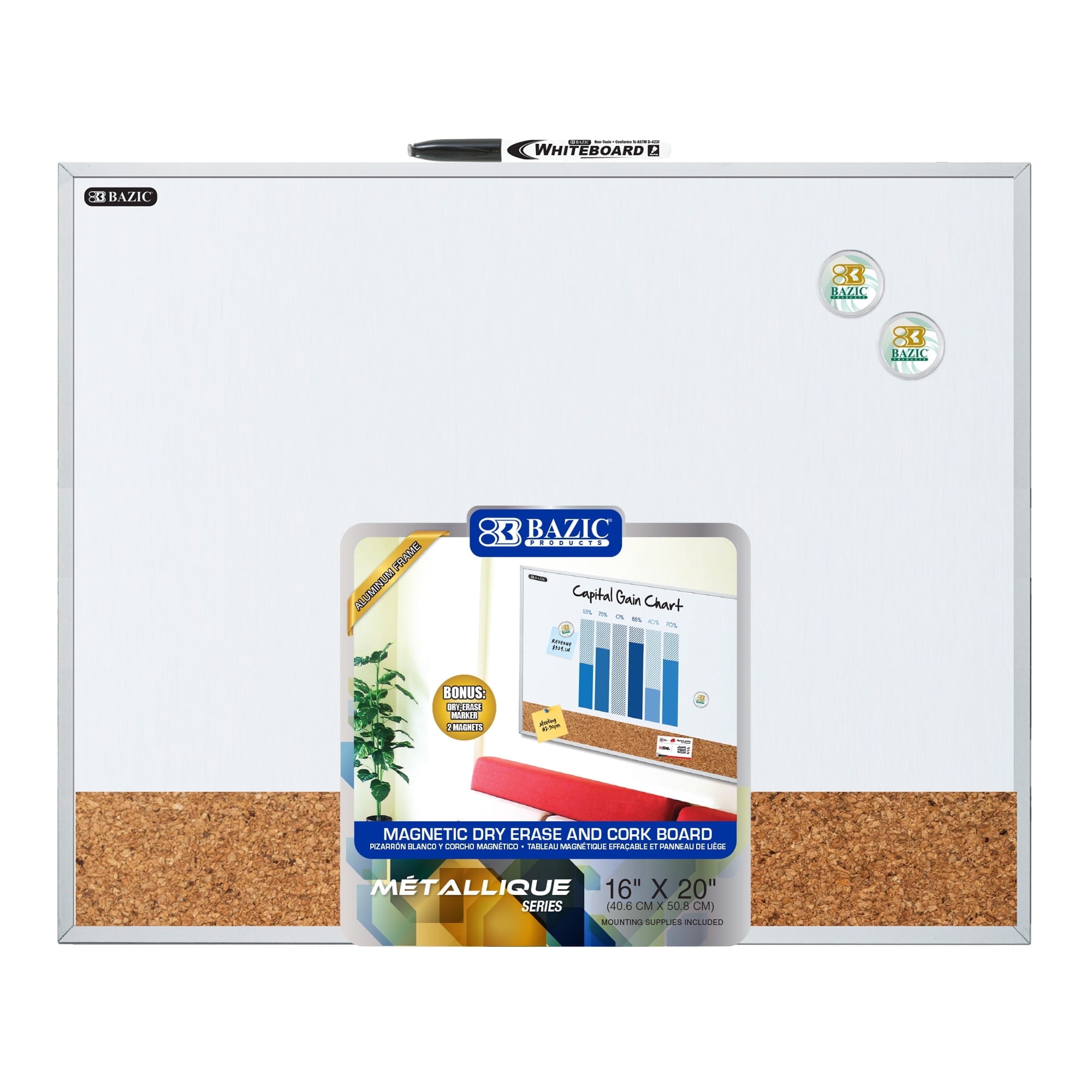 Bazic Magnetic Cork & Dry Erase Whiteboard Aluminum Frame 16" x 20 ...
