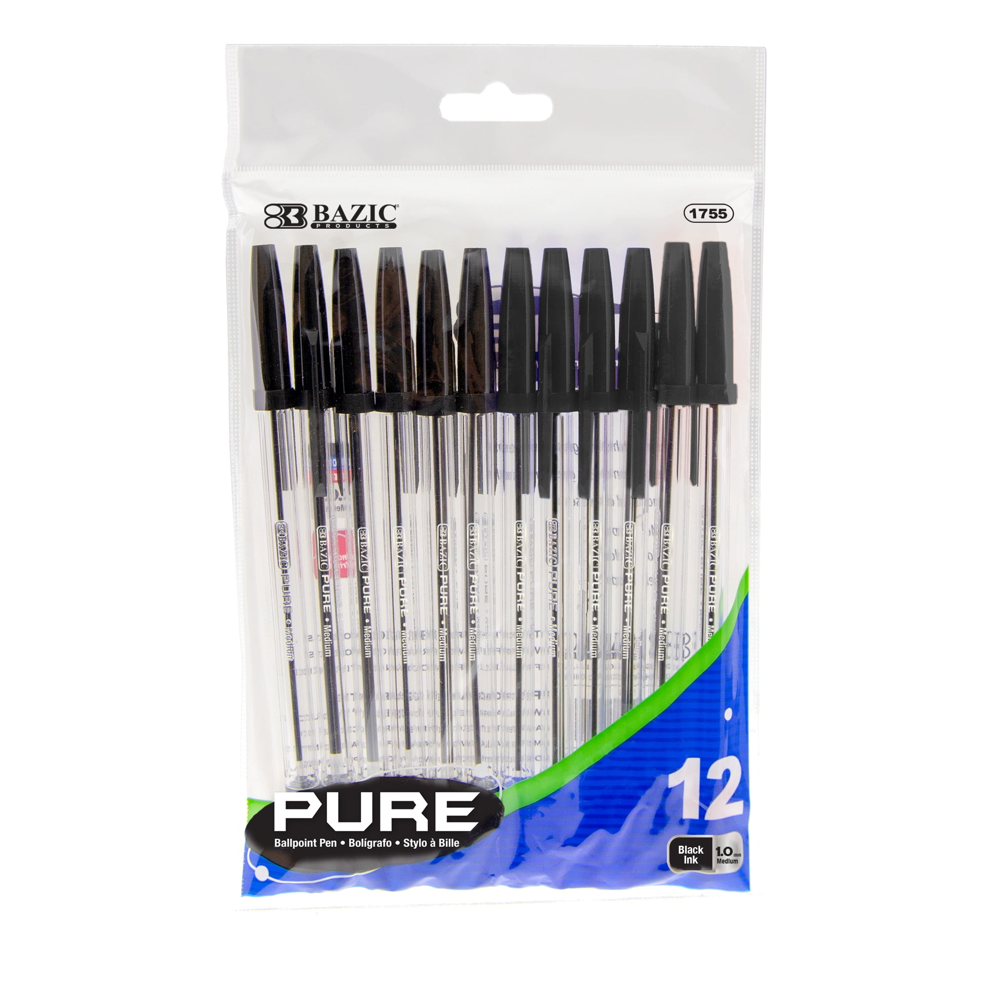 BAZIC Ballpoint Pen Pure Black Color Stick Pens, 1.0 mm, (12/Pack), 1 ...