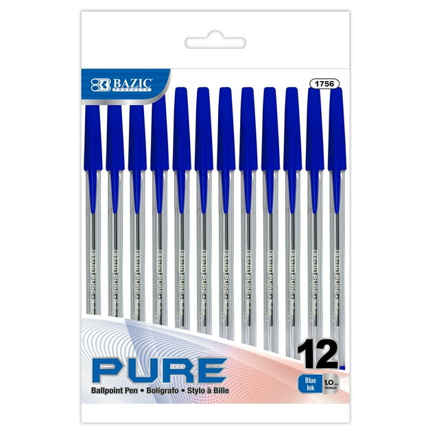 BAZIC Ballpoint Pen Pure Blue Color Stick Pens, 1.0 mm, (12/Pack), 1 ...