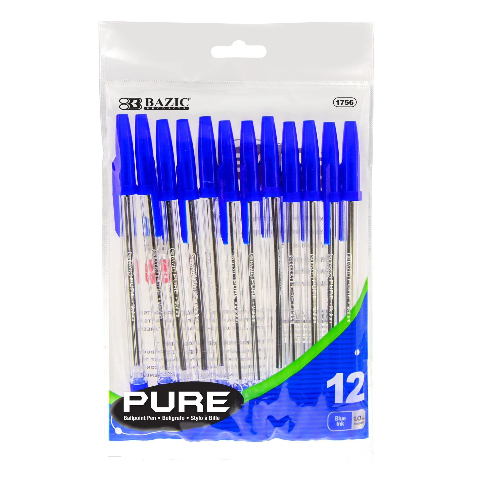 BAZIC Ballpoint Pen Pure Blue Color Stick Pens, 1.0 mm, (12/Pack), 1 ...