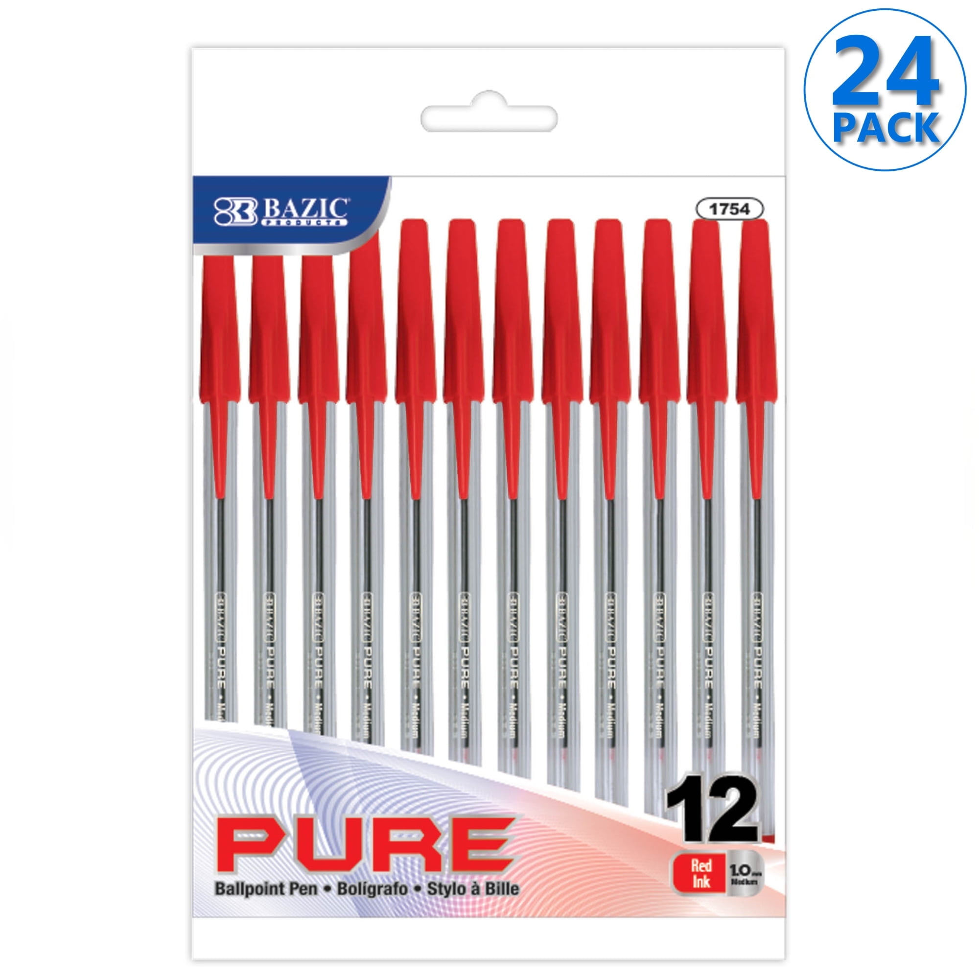 BAZIC Ballpoint Pen Pure Red Color Stick Pens, 1.0 mm, (12/Pack), 24 ...