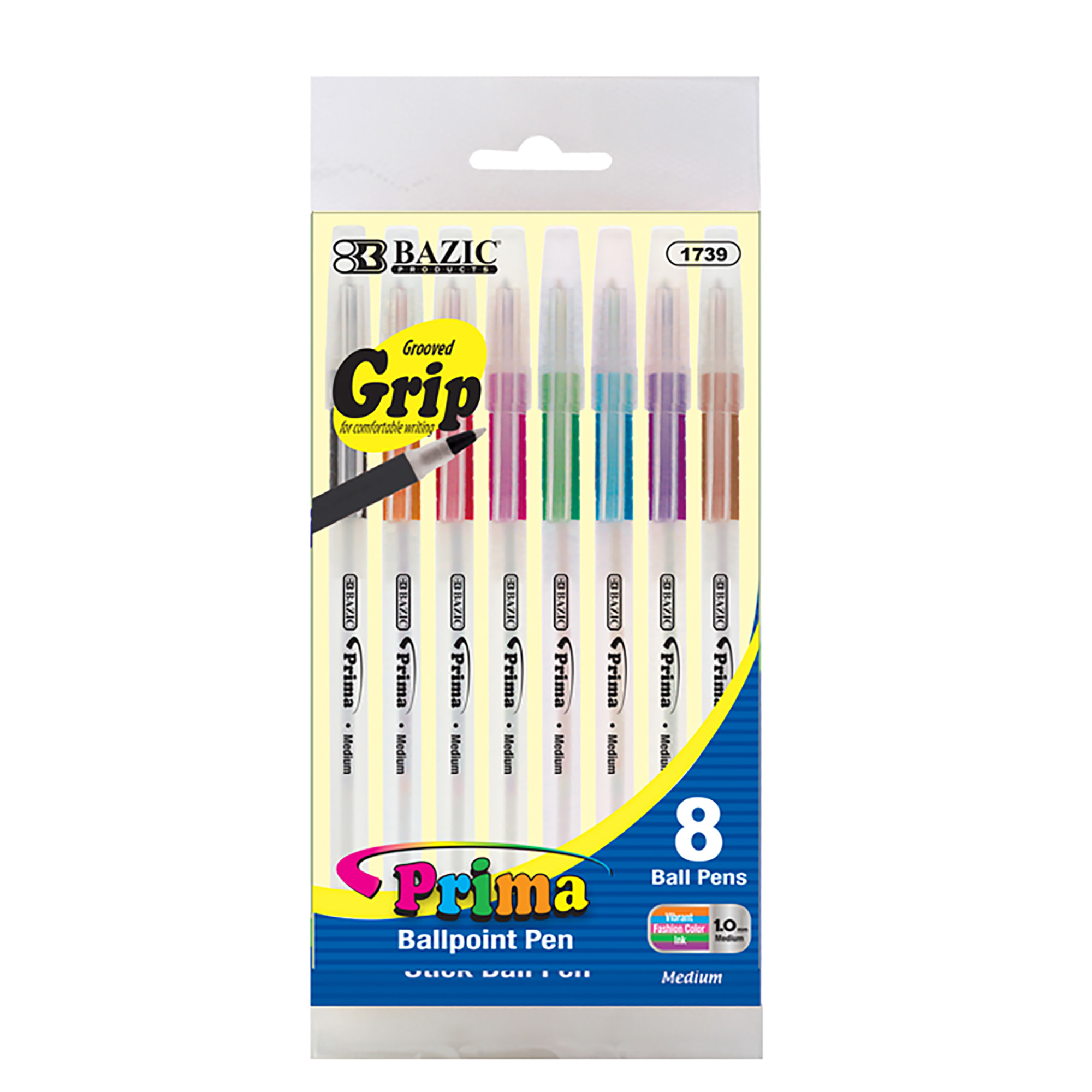 BAZIC Ballpoint Prima 8 Color Stick Pens, Soft Grip 1.0mm (8/Pack), 1 ...