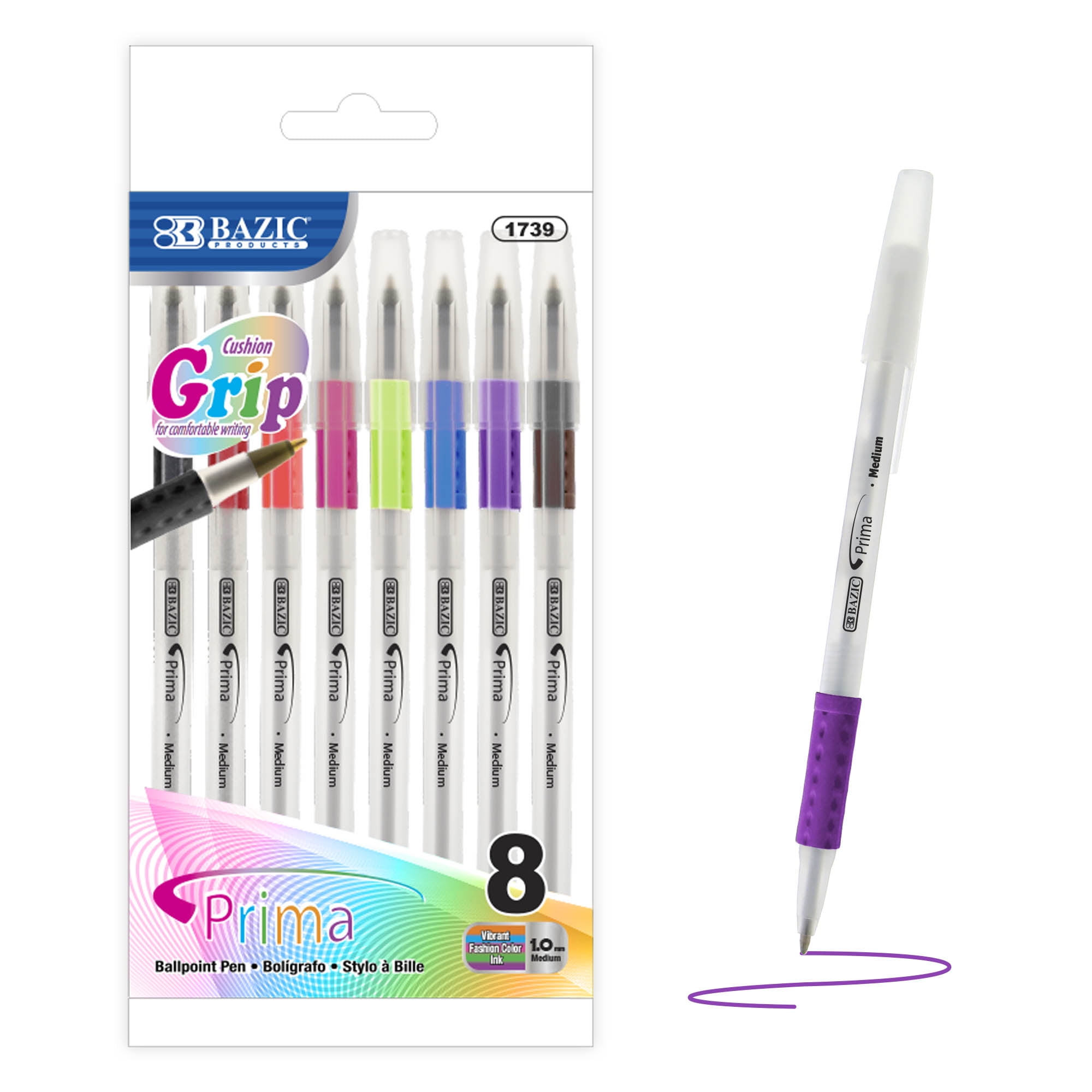 BAZIC Ballpoint Prima 8 Color Stick Pens, Soft Grip 1.0mm (8/Pack), 24 ...