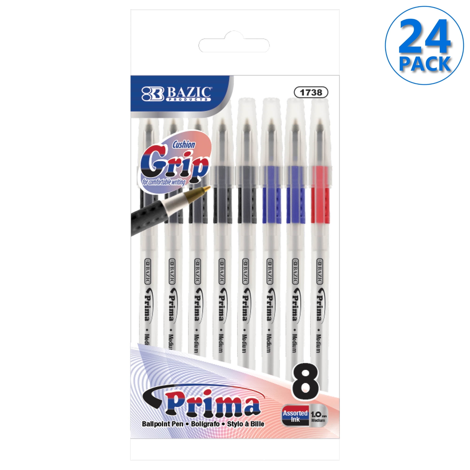 BAZIC Ballpoint Prima Black Blue Red Stick Pens, Soft Grip 1.0 mm, (8 ...