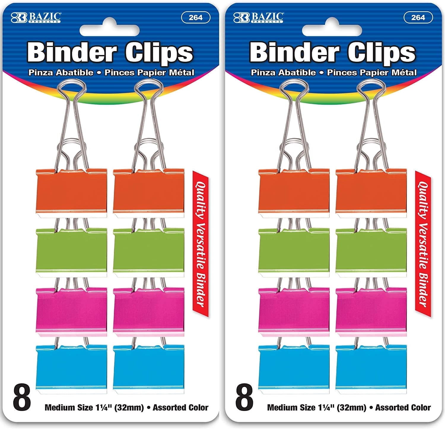 BAZIC Binder Clips Medium 1 1/4" (32mm) Asst Color, Paper Clip(8/Pack ...
