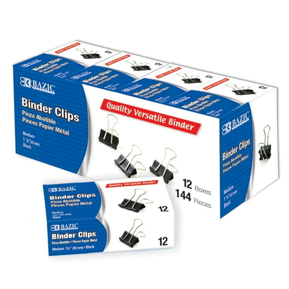 "BAZIC Medium 1 1/4"" (32mm) Black Binder Clips, Paper Clip, 12-Packs ...