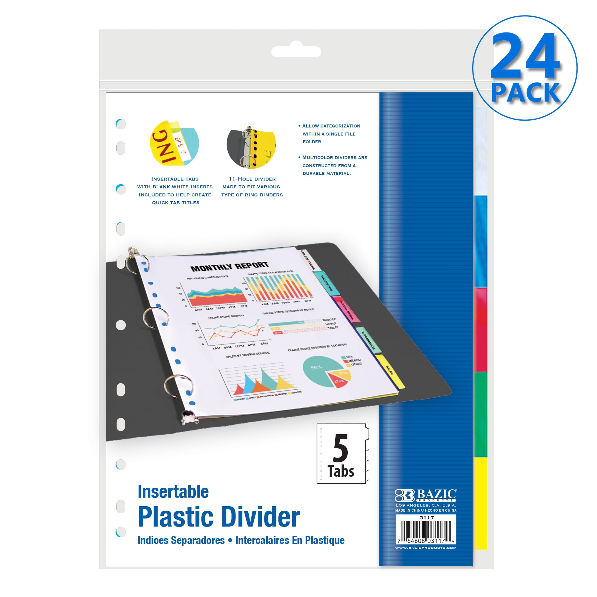 BAZIC Binder Dividers 5 Insertable Color Index Tabs, 11 Hole (5/Pack ...
