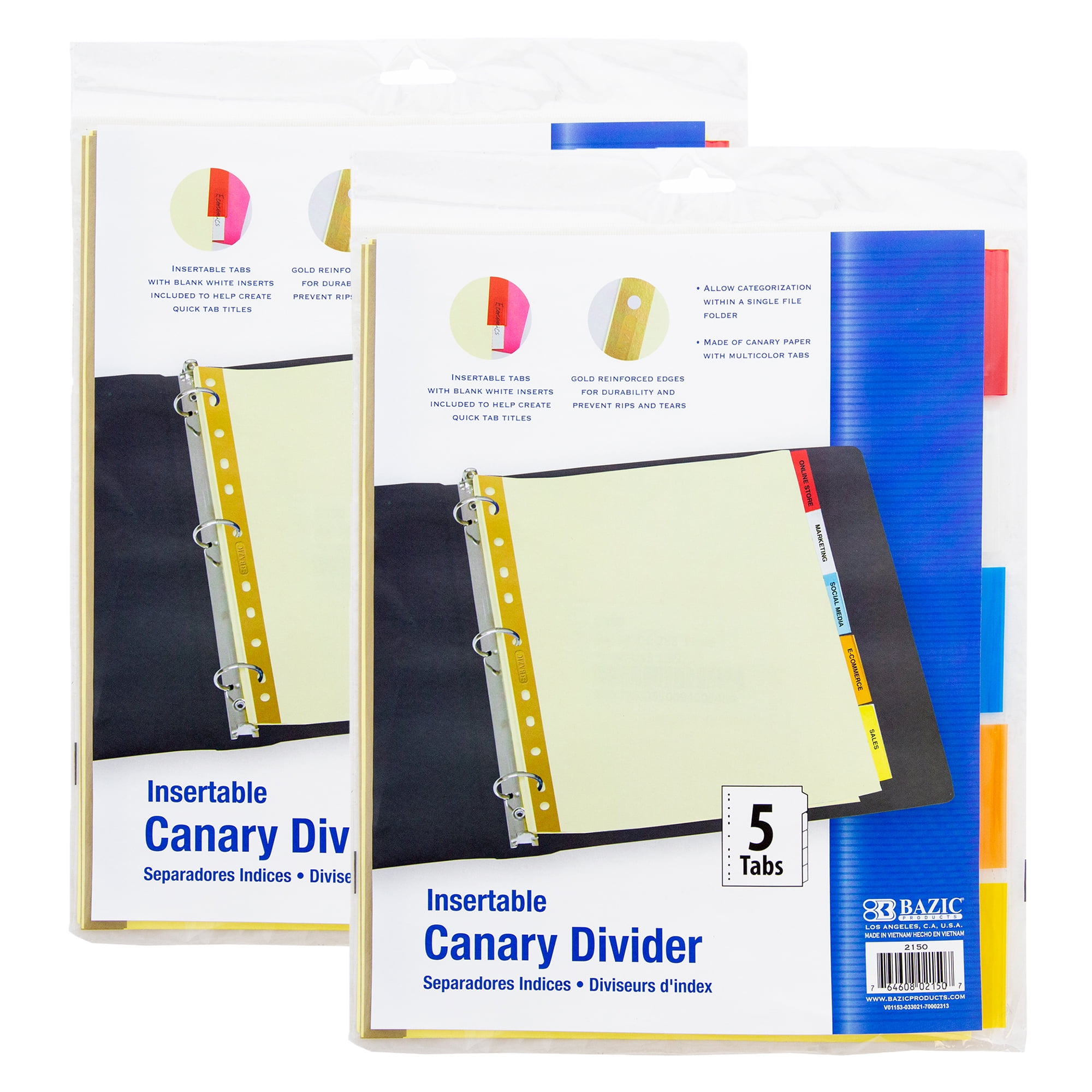 BAZIC Binder Dividers Canary Paper Insertable Color Tabs, 11 Hole Index ...