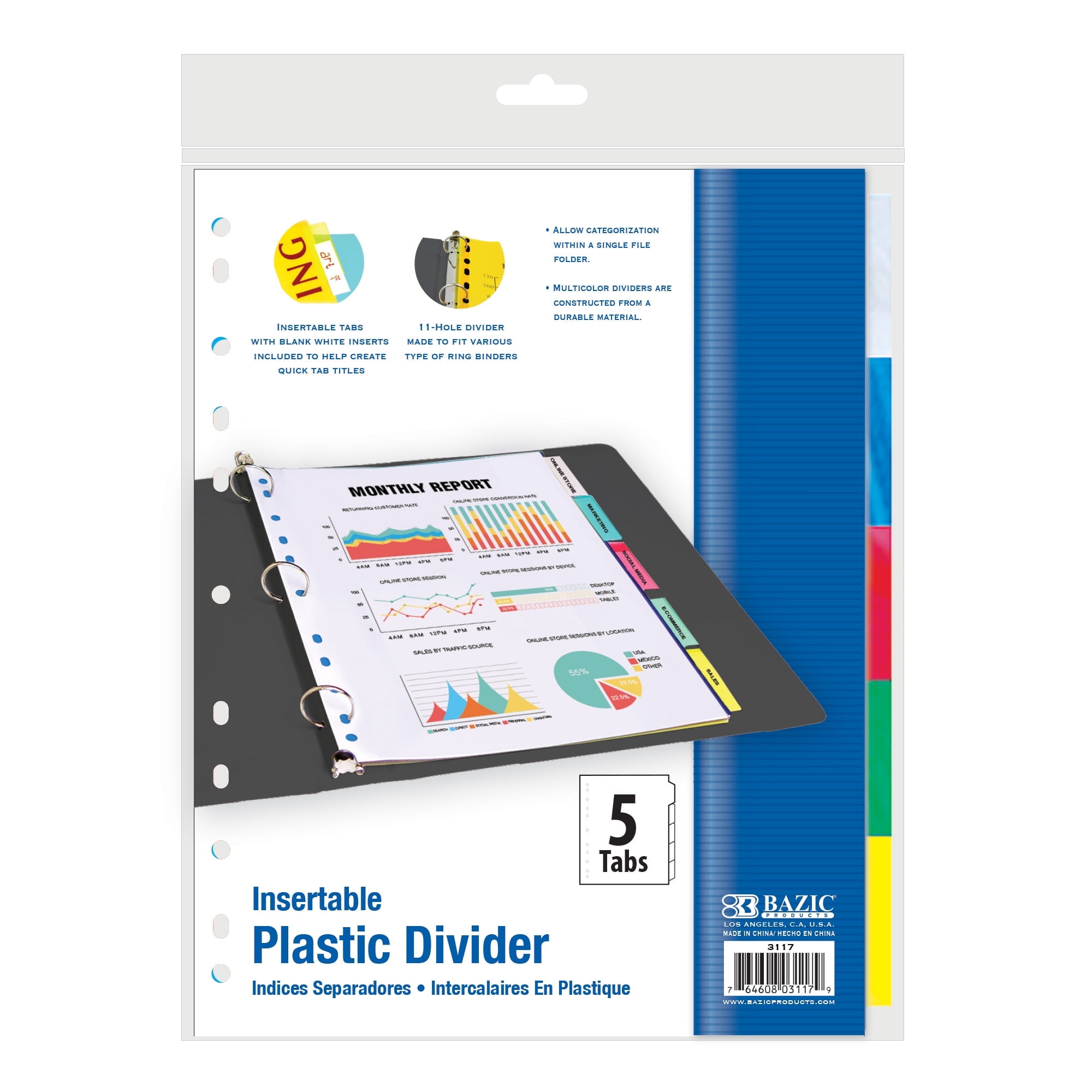 BAZIC Binder Dividers w/ 5 Insertable Color Tabs, 11 Hole Punch Plastic ...