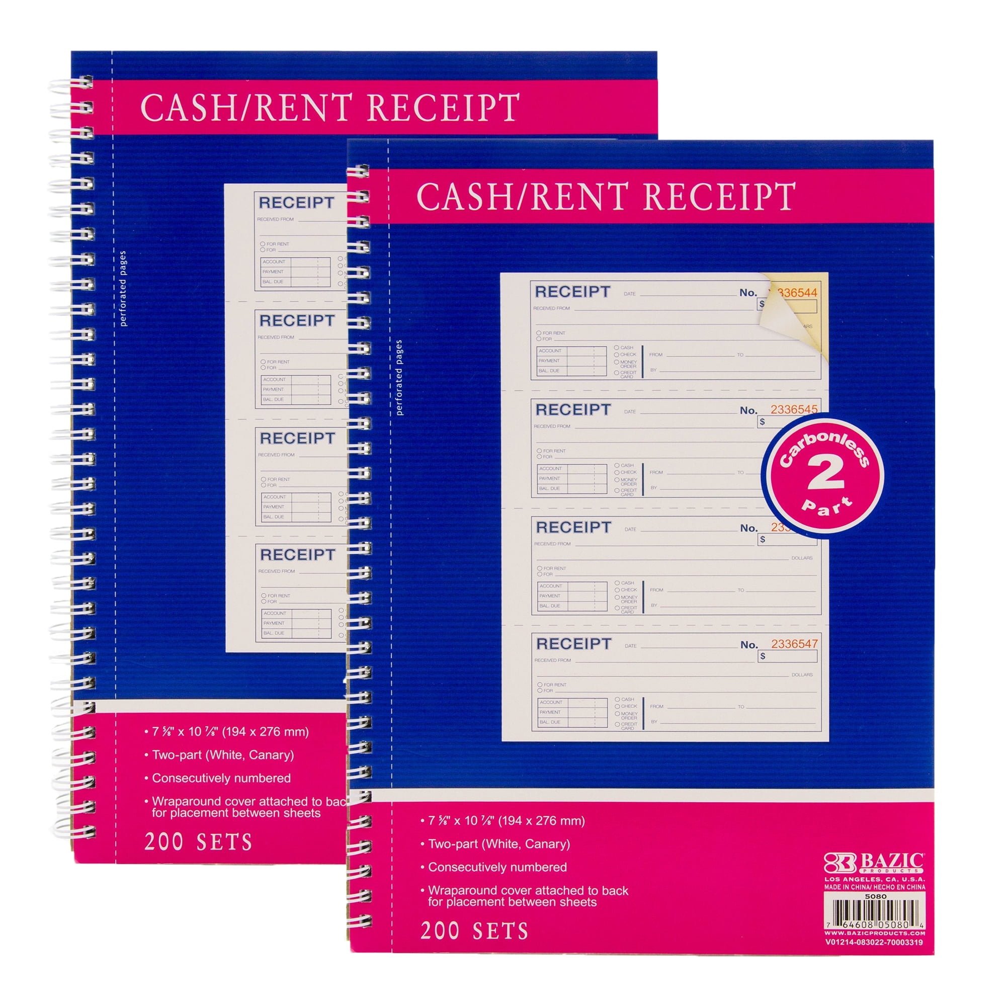 BAZIC Cash Money Rent Spiral Bound Receipt Book, 200 Sets 7 5/8"x10 7/8 ...