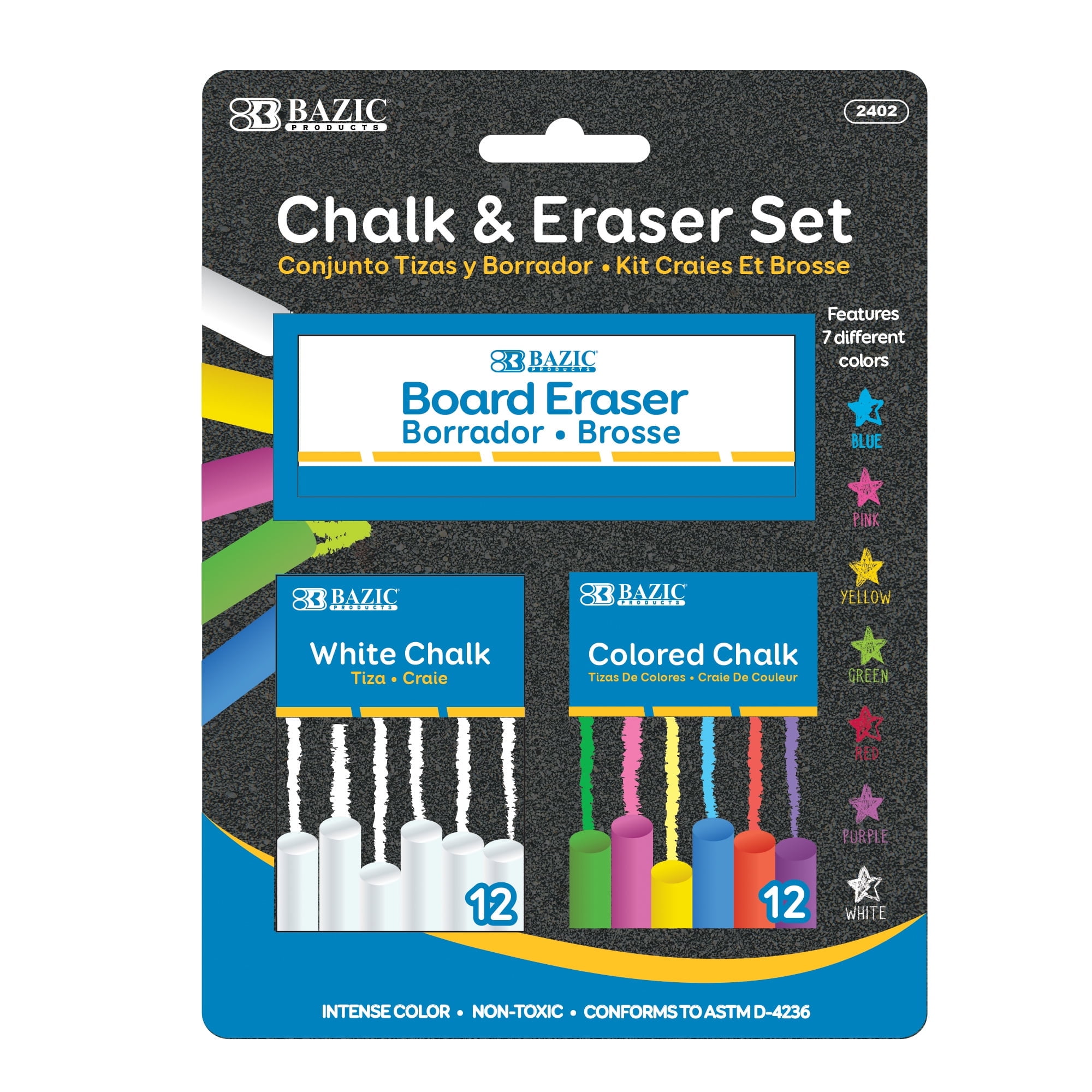 BAZIC Classroom Chalk Set, Colorful & Erasable, 12 Colored + 12 White ...