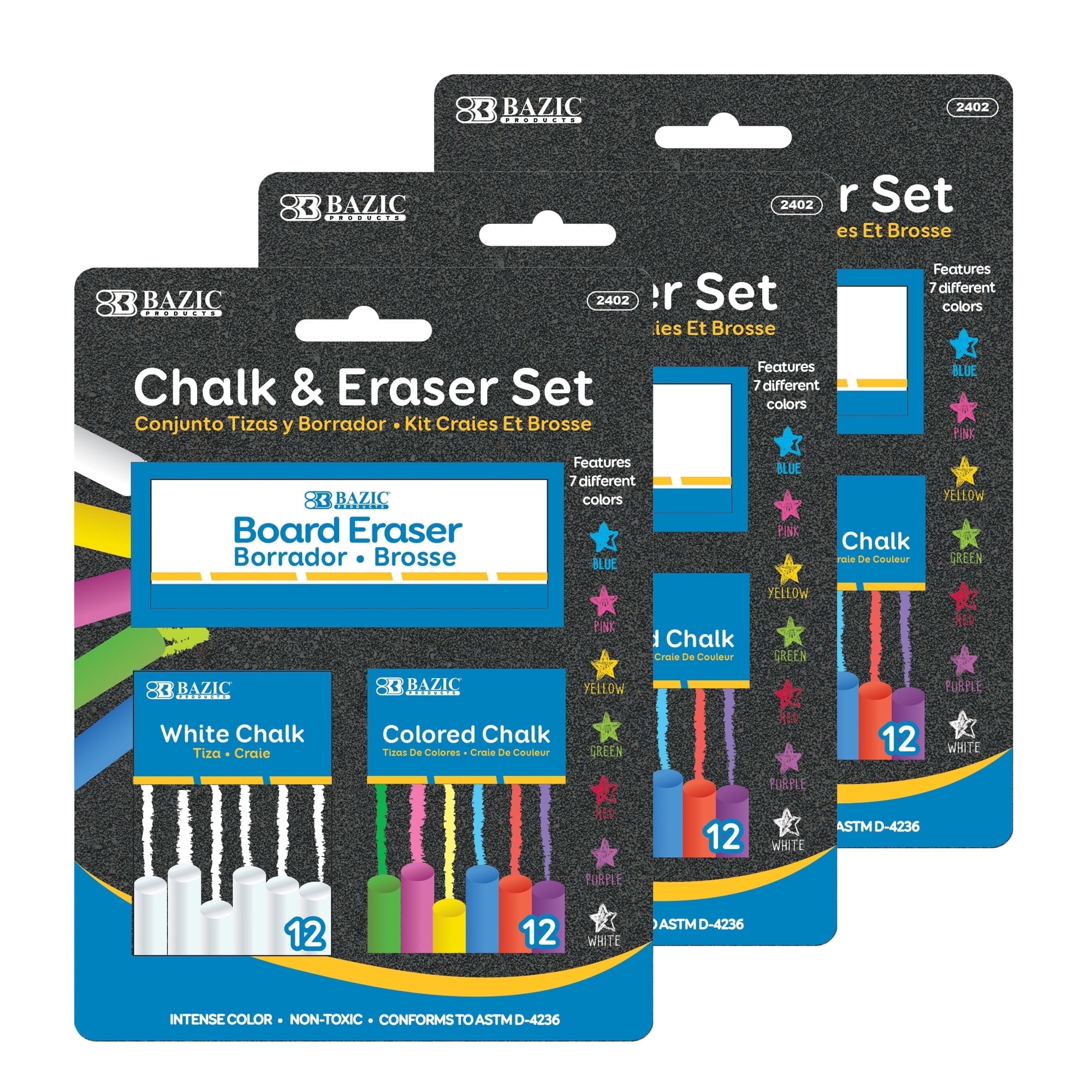BAZIC Chalk Set, Colored 12 Pcs + White 12 Pcs + Chalkboard Eraser, 3 ...
