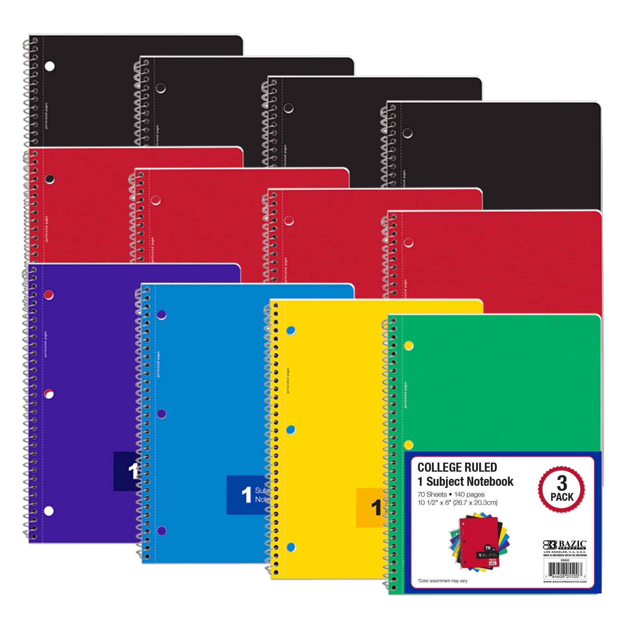 BAZIC College Ruled 1 Subject Spiral Notebooks 70 Sheets, Assorted ...