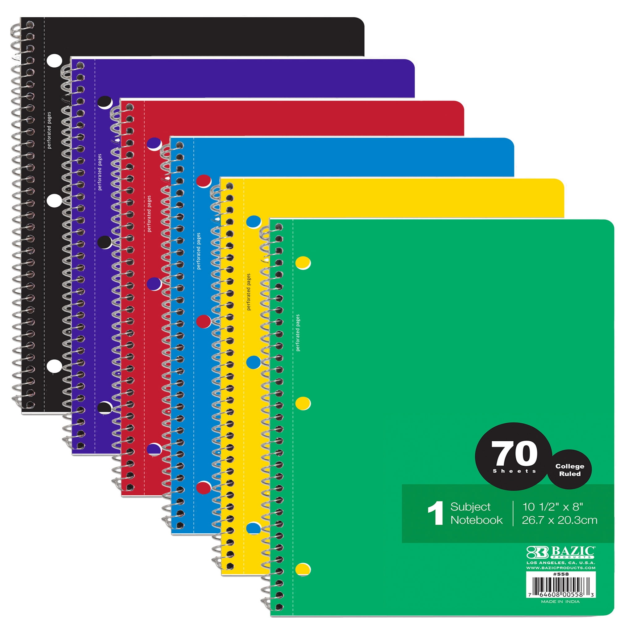 BAZIC College Ruled 1 Subject Spiral Notebooks 70 Sheets, Assorted ...