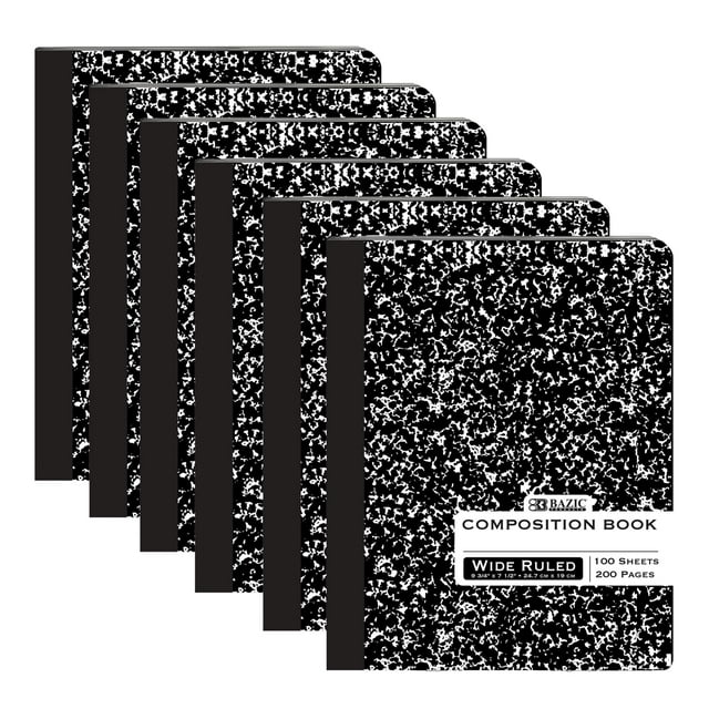 BAZIC Wide Ruled 100 Sheet Black Marble Composition Book for Primary ...