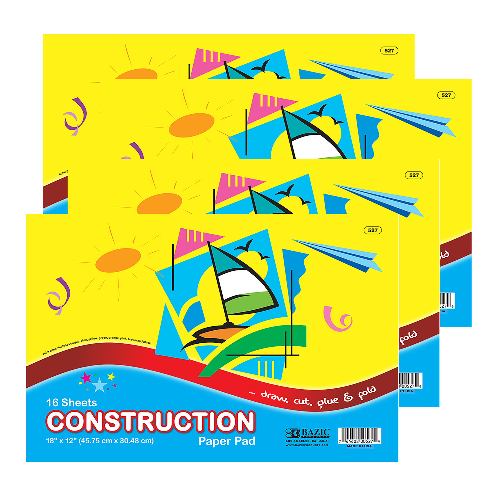 BAZIC Construction Paper Pad 16 Sheet 18"x12" Assorted Colors, 4-Pack ...