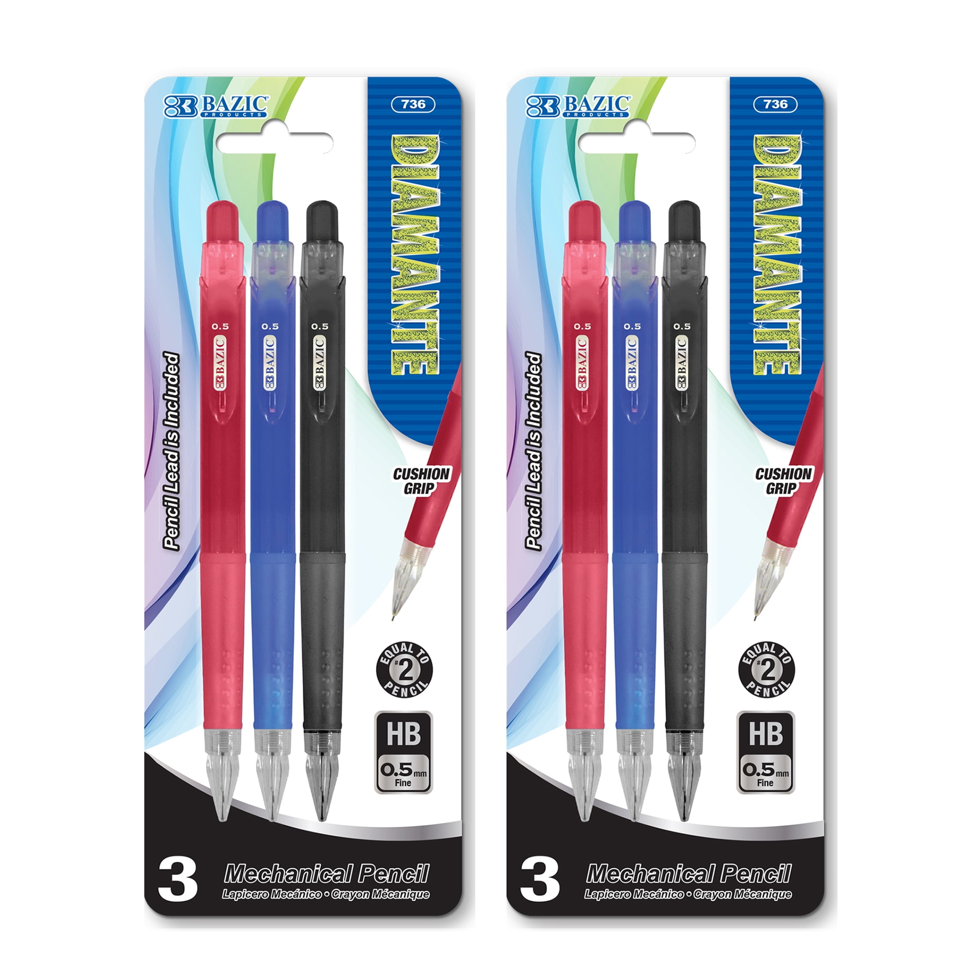 BAZIC Diamante Mechanical Pencil 0.5mm, Soft Grip, (3/Pack), 2-Packs ...