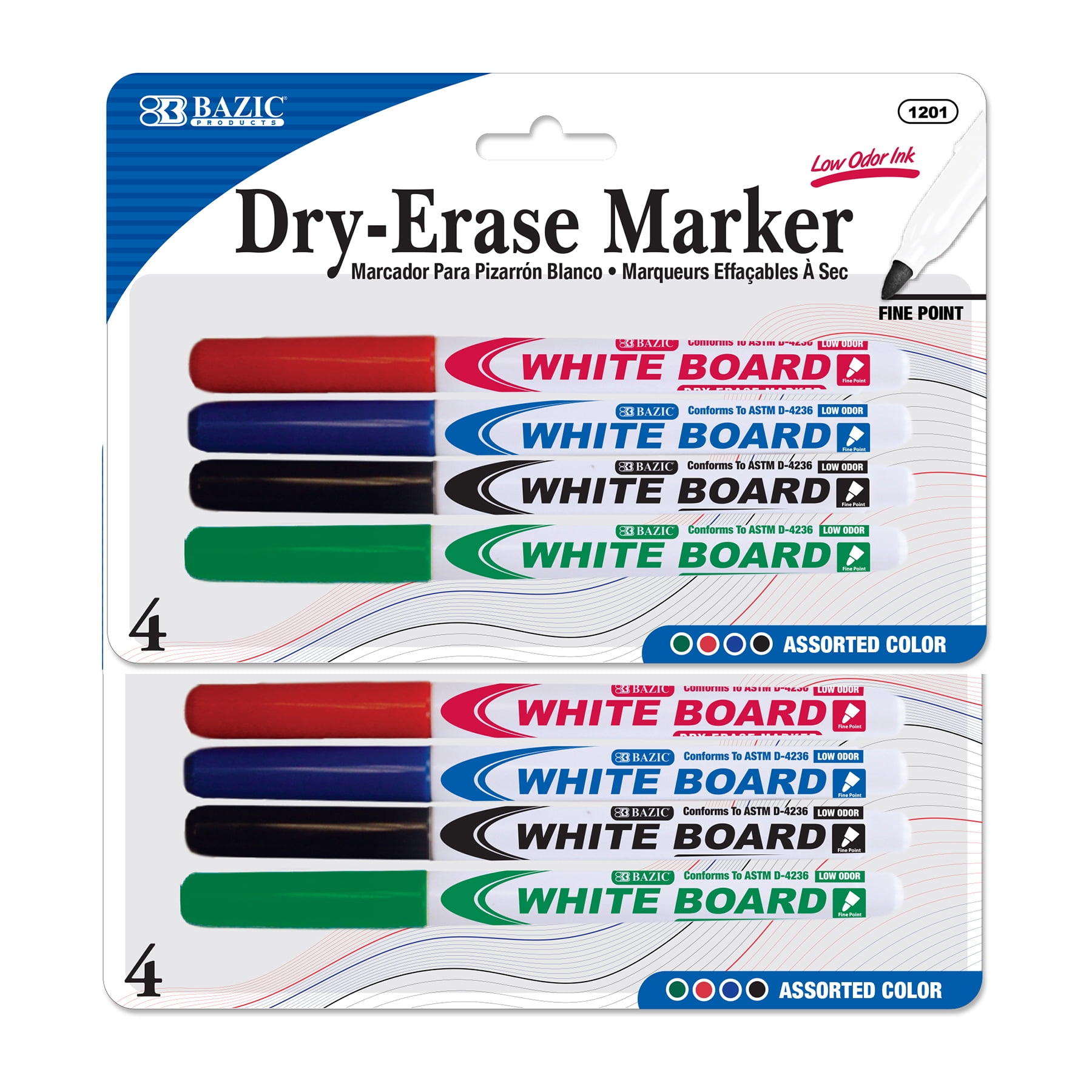 BAZIC Dry Erase Marker Assorted Color Fine Tip Whiteboard Markers (4 ...
