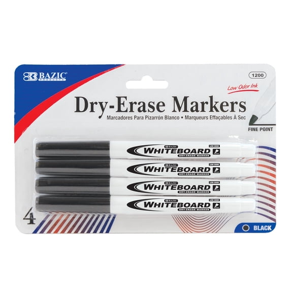 BAZIC Products, Dry Erase Marker, Fine Tip, Black 4 Pack - Walmart.com