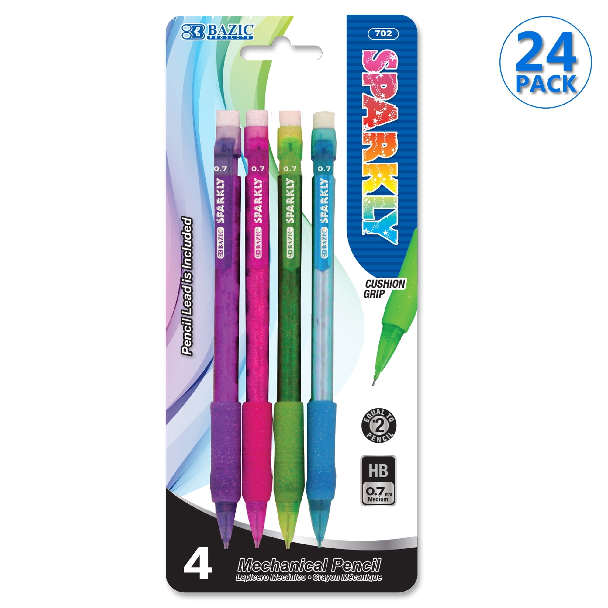 BAZIC Electra Sparkly Mechanical Pencil 0.7mm w/ Glitter Grip, (4/Pack ...